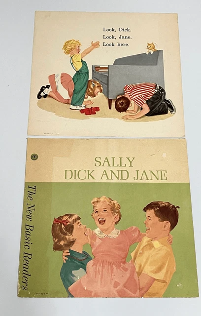 NEW BASIC READER Our Big Book Sally, Dick, Jane Pg 1-2,13-14, Card 1,7 ...