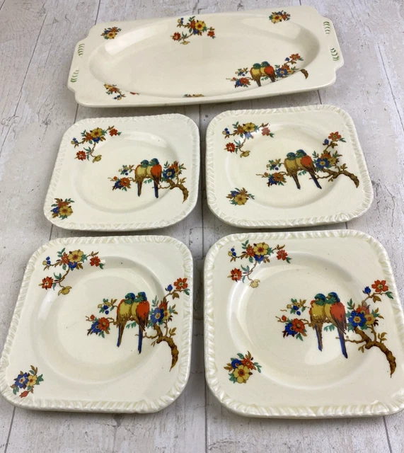 ROYAL STAFFORDSHIRE CROWN Bone China Art Deco Sandwich Platter & 4 ...
