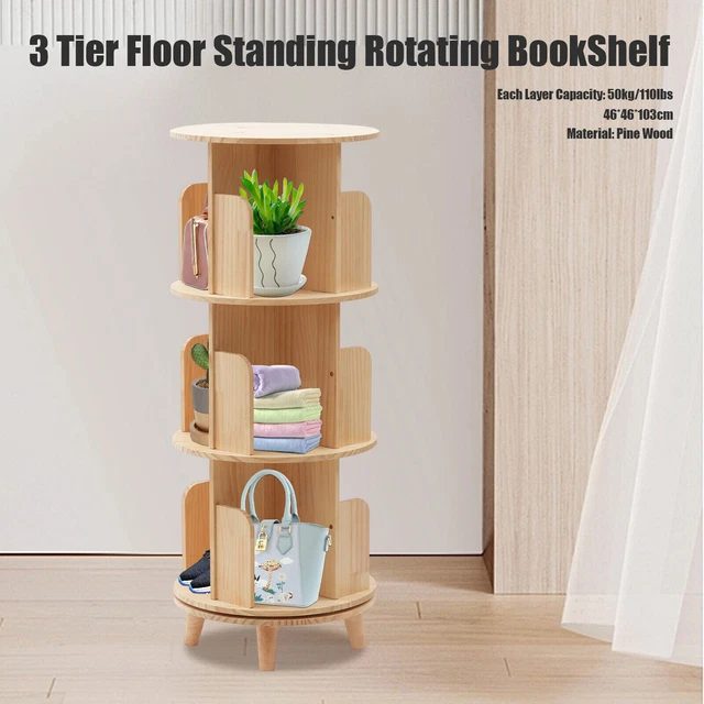 3 TIER ROTATING Bookshelf 360° Solid Wood Spinning Bookshelf With Legs ...