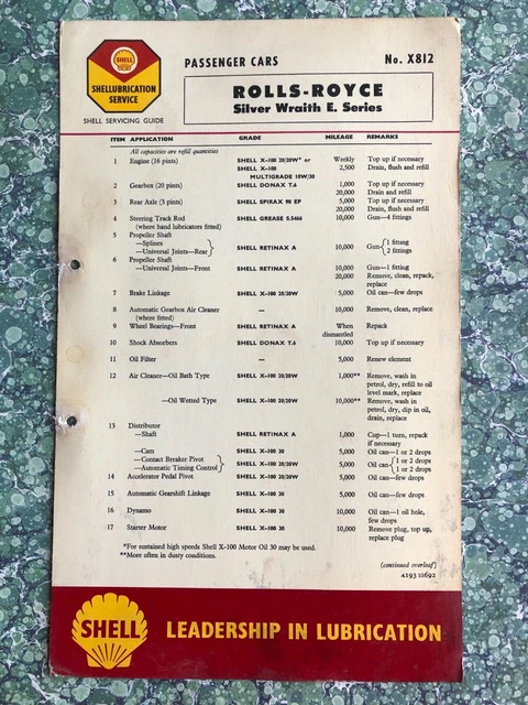 SHELL SERVICE GUIDE Lubrication Chart Rolls Royce Silver Wraith E ...