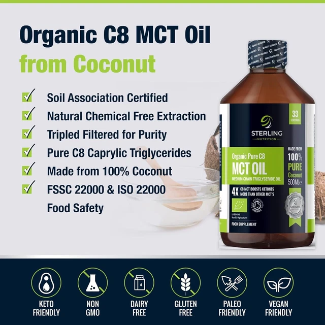 ORGANIC C8 MCT Oil 100% Pure Coconut Boosts Ketones 3X More Than Other ...