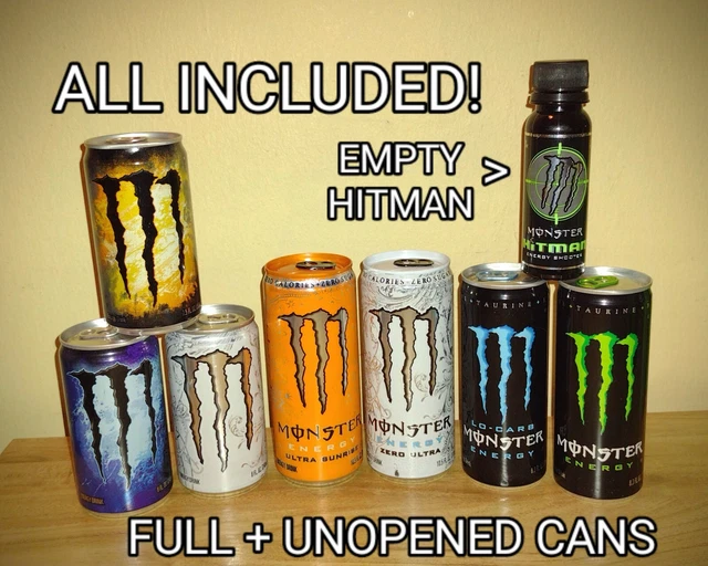 RARE! SET OF MONSTER ENERGY DRINK MINIS + 8.3oz, 10.5oz EMPTY HiTMAN ...