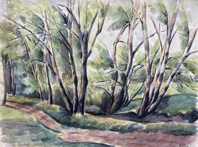 WATERCOLOUR TREES NATURE Forest Landscape Away August 1945 Birch ...