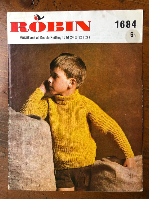 ROBIN 1684 KNITTING pattern child DK fishermans rib raglan polo neck ...
