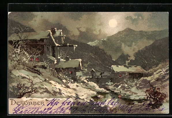 KÜNSTLER-AK THEODOR GUGGENBERGER: Verschneiter Flusslauf mit Hütte im Dezember EUR 5,00 ...