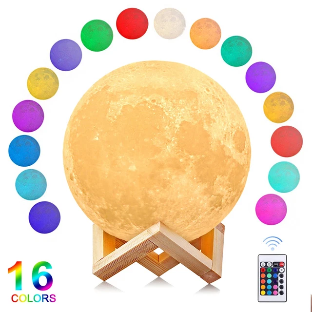 MOON LAMP NIGHT Light with Wooden Stand & Remote 16 Colour Changing ...