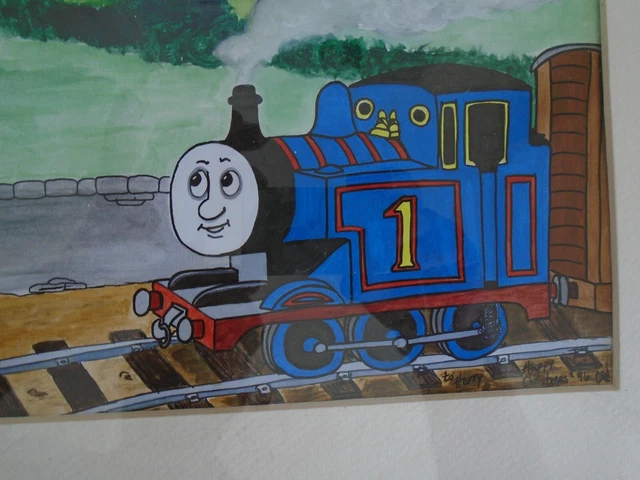 ORIGINAL WATERCOLOUR PAINTING of Thomas the tank engine in blue frame ...