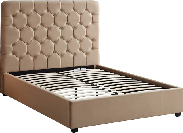 MADISON 4FT6 DOUBLE Fawn Velvet Fabric Bed Frame Upholstered Buttoned ...