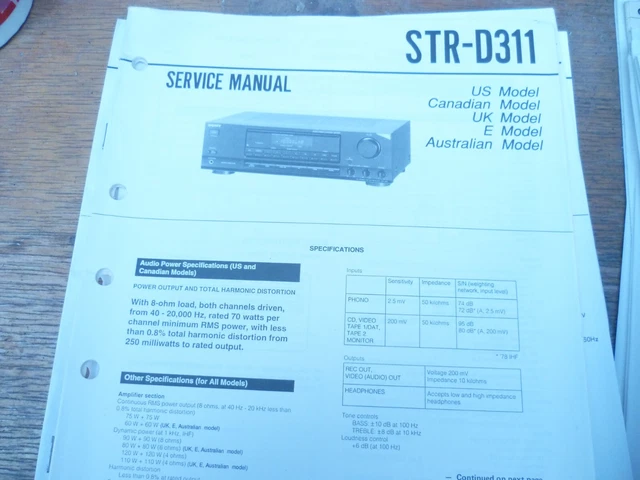 SONY STR-D311 RICEVITORE FM-AM ORIGINALE Manuale di servizio EUR 8,91 ...
