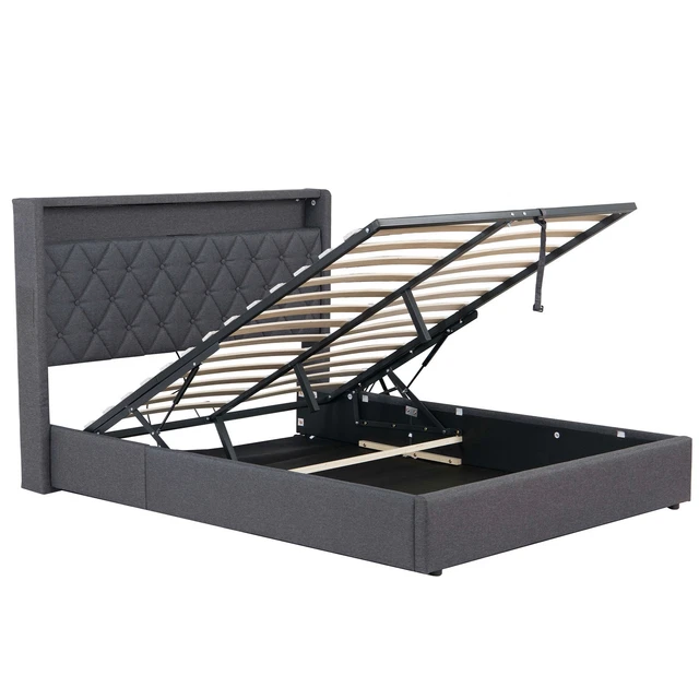 LED HYDRAULIC OTTOMAN Storage Bed Frame Double Upholstered with ...