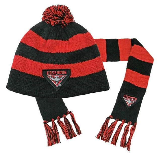 ESSENDON BOMBERS OFFICIAL AFL Chunky Knit Infant Winter Scarf & Beanie ...
