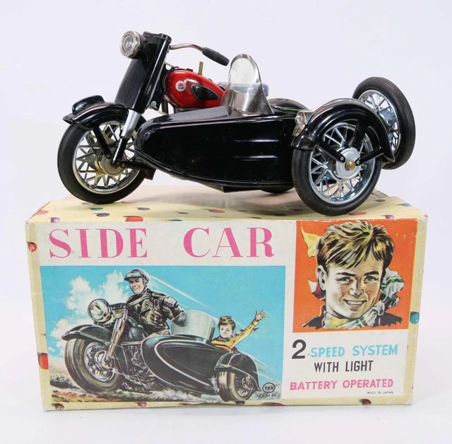 SIDECAR JAPAN MOTORCYCLE Tin Toy Battery Operated Vintage ORIGINAL BOX ...