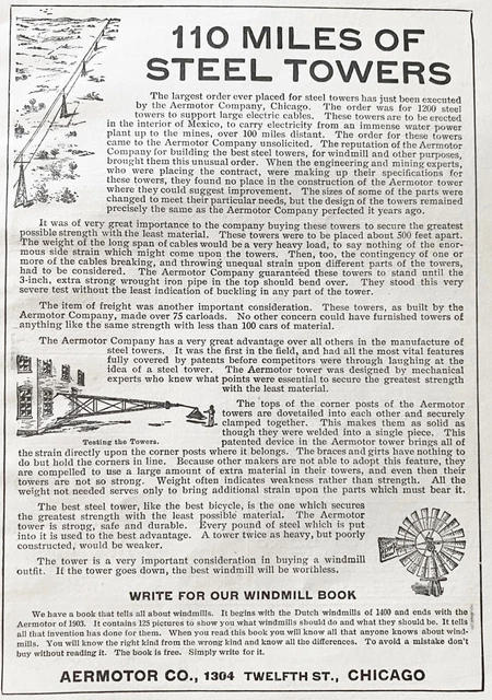 AERMOTOR CO.CHICAGO OLD Windmill Farm Water Supply Tank System Vtg 1903 ...