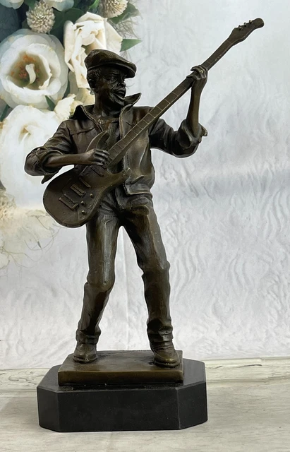 SIGNÉE ORIGINAL NOIR Guitare Lecteur Singer Bronze Sculpture Marbre ...