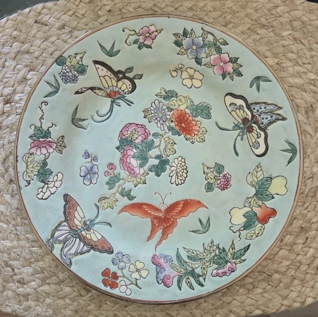 VINTAGE CHINESE FAMILLE Rose Butterfly Floral Plate Tongzhi Mark Qing ...
