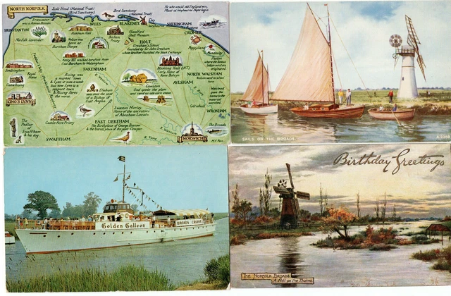 NORFOLK BROADS WROXHAM Windmill Map Golden Galleon stamp postmark 4x ...