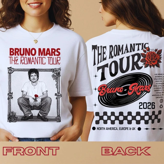 BRUNO MARS THE Romantic Tour T-shirt 2026, Tour Dates In the Back, Two ...