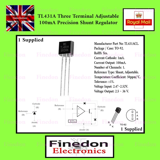 TL431A PRECISION PROGRAMMABLE voltage reference 1% TO-92 UK Seller £1. ...