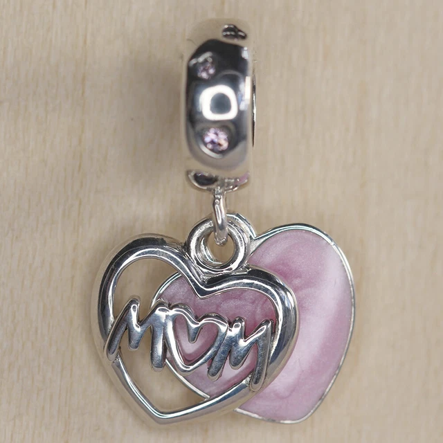 NEW AUTHENTIC PANDORA Charm Mom Script Pink Heart 798887C01 Dangle W ...