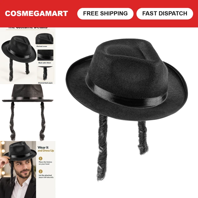 JEWISH RABBI HAT for Adults - Black Fedora Costume with Side Locks ...