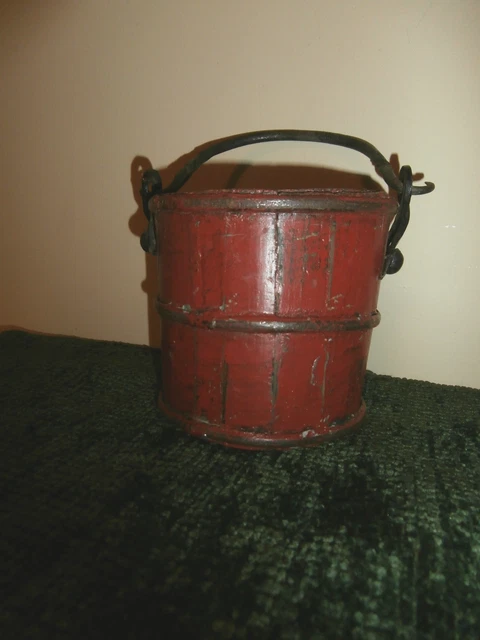 ANTIQUE PRIMITIVE RED Berry Bucket~Wooden Staves~Iron Handle & Bands ...