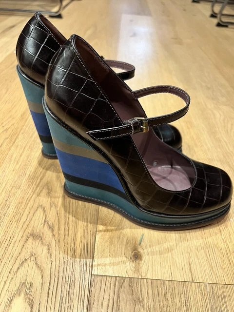 STUDIO POLLINI RRP£312 HIGH WEDGE LEATHER Crocodile Brown SANDAL SHOE ...