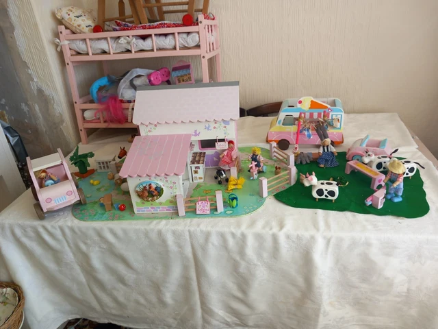 ELC ROSEBUD VILLAGE Farm Wooden Vehicle + Horse Box + Figures Toy Cute ...