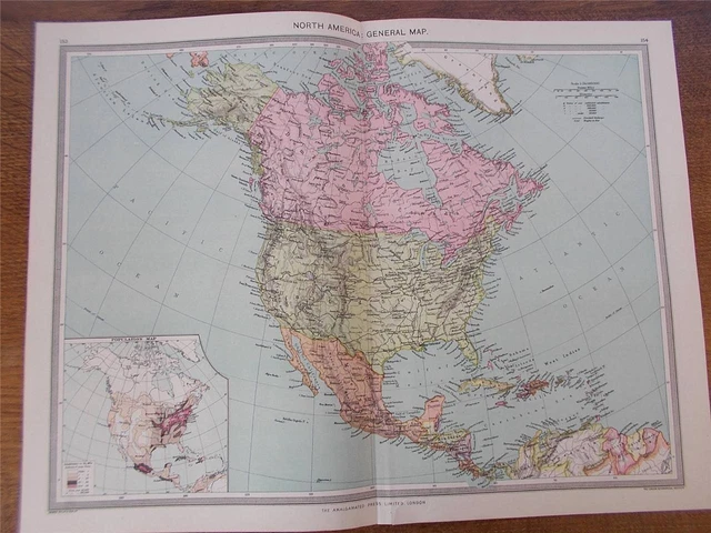 ANTIQUE C1904 COLOUR Map of NORTH AMERICA GENERAL MAP HARMSWORTH ATLAS ...