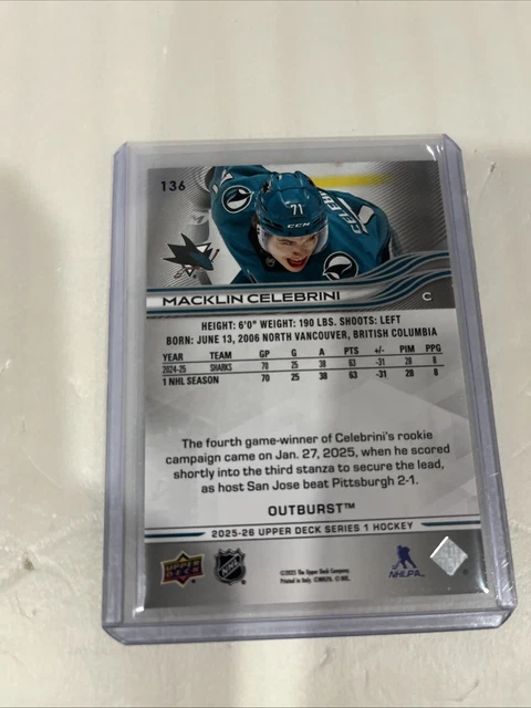 2025-26 UPPER DECK Outburst Macklin Celebrini #136 San Jose Sharks $99. ...