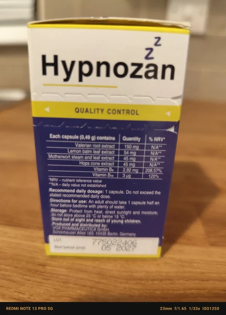 HYPNOZAN HERBAL FOOD Supplement with Lemon Balm Extract, 60 caps £9.99 ...