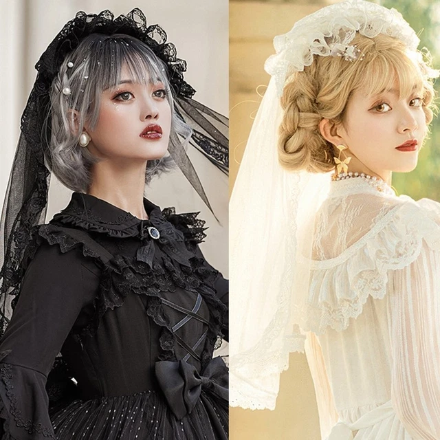 VINTAGE BRIDES LACE Veil Headdress Black White Veil for Outdoor ...