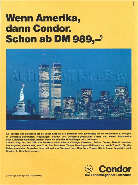 1985 CONDOR AIRLINES TWIN TOWERS WORLD TRADE CENTER ad airways advert ...