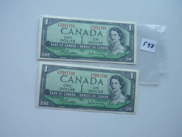 VINTAGE CANADA 4X Banknote Sequence Serial Number 1954 1 Dollar Prefix ...