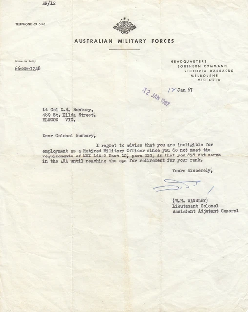 MILITARY AUSTRALIA 1967 letter to Major Bunbury Elwood re ineligible ...