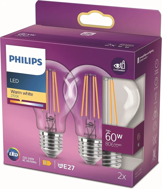PHILIPS A60 LED Bulbs 7W E27 Warm White Non Dimmable Twin Pack For Home ...