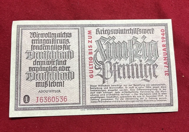WWII WW2 GERMAN Nazi Germany Third Reich WHW Geldlotterie Currency Note ...
