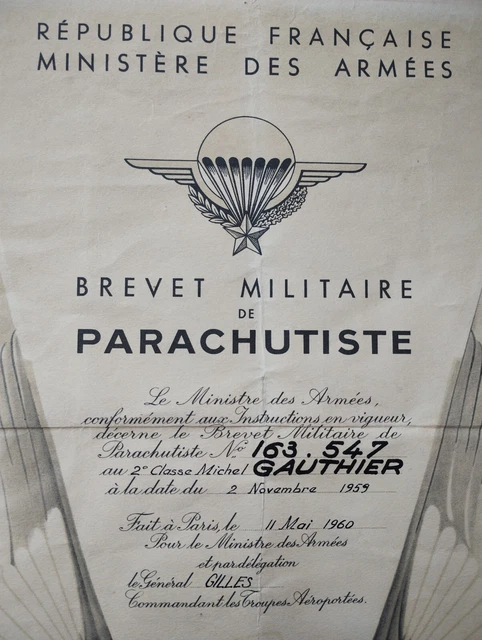 MÉDAILLE MILITAIRE INSIGNE brevet parachutiste attribué 1960 par ...