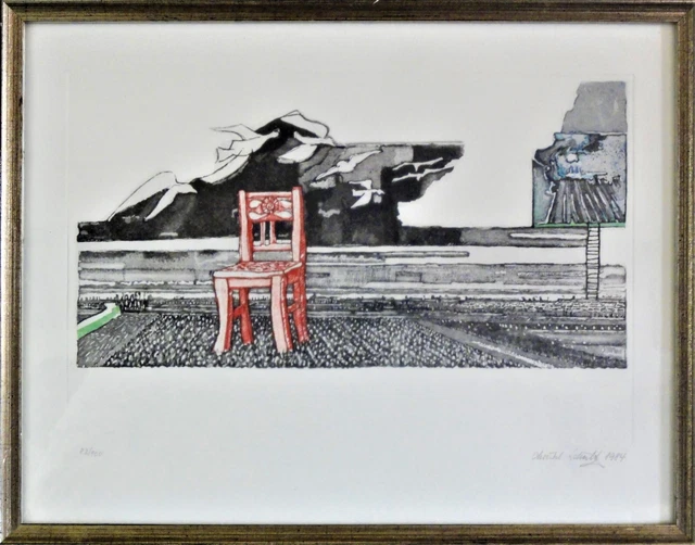 CHRISTEL SCHULTZ (1937) -surreale-Farb-Radierung 1984:LANDSCHAFT MIT ...