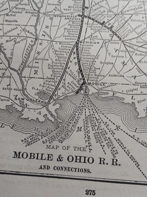 1902 TRAIN ROUTE Map MOBILE & OHIO RAILROAD & Connections Stations ...