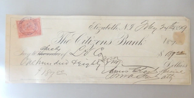 CITIZENS BANK CHECK 1899 with 2-cent Documentary Stamp, 8 1/4"Long £6. ...