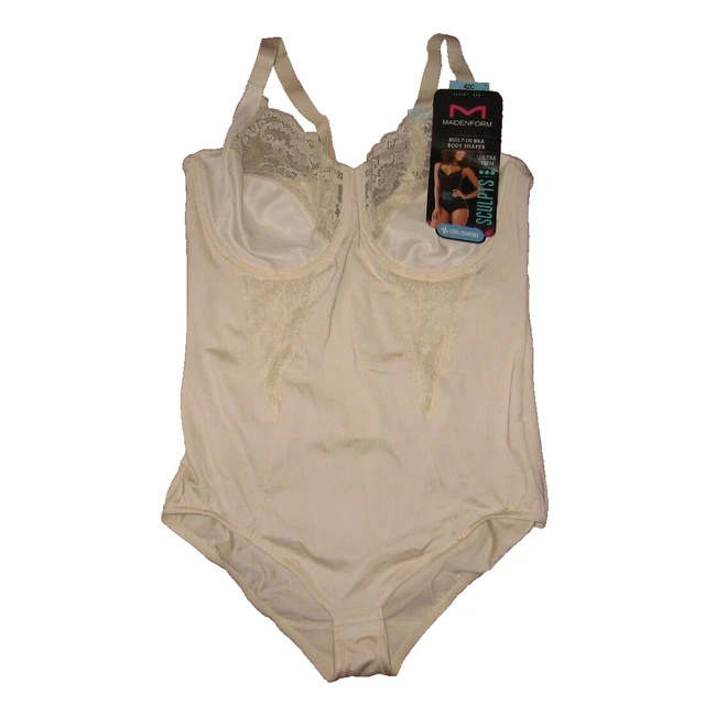 MAIDENFORM BODYSUIT 42C Buttercream Body Shaper Built-in Bra Ultra Firm ...