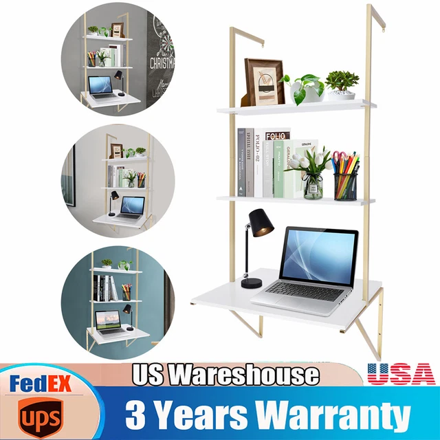 DESK WALL MOUNT Ladder Desk 3 Tier Floating Shelves White And Gold Desk ...