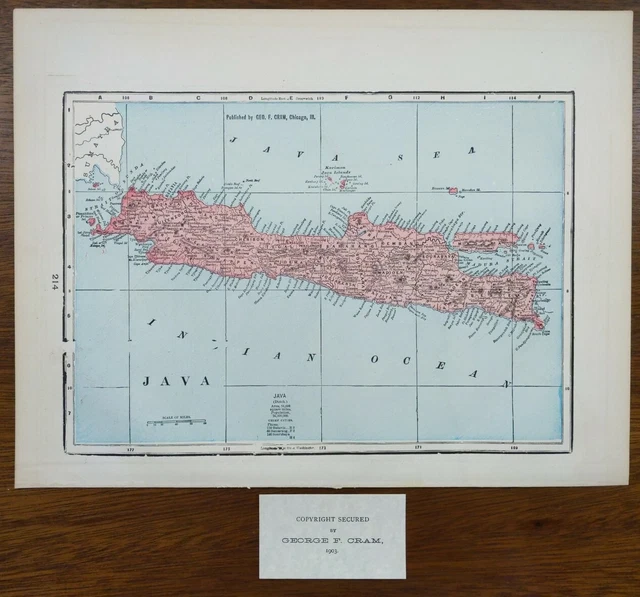 VINTAGE 1903 JAVA Map 14"x11" ~ Old Antique Original BATAVIA SAMARANG ...
