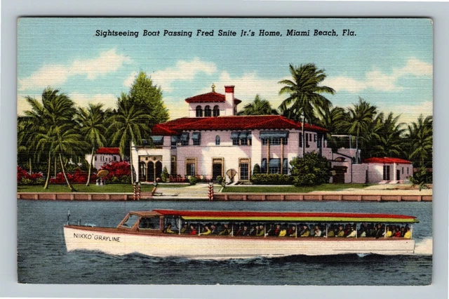 CARTOLINA VINTAGE MIAMI Beach FL barca turistica Fred Snite Jr's House ...