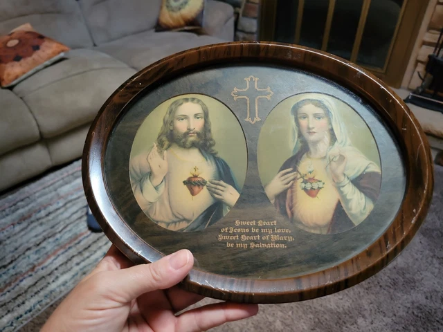 ANTIQUE JESUS CHRIST & Mary Catholic Picture Oval Metal Framed £65.88 ...