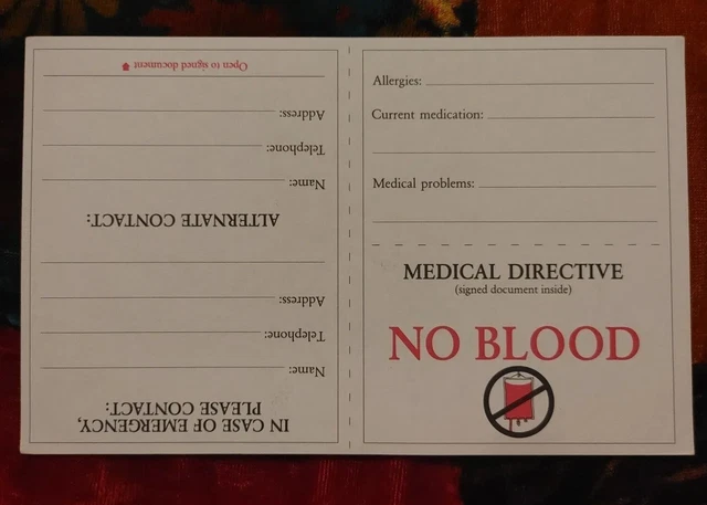 VINTAGE JEHOVAH'S WITNESS No Blood Transfusion Medical Directive ...