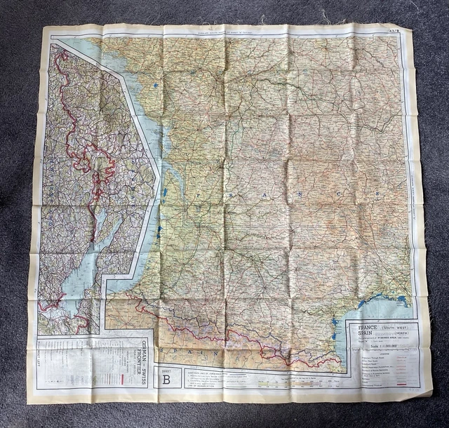 WW2 RAF 43 A/B Silk Escape map Pyrenees France Spain German Swiss ...