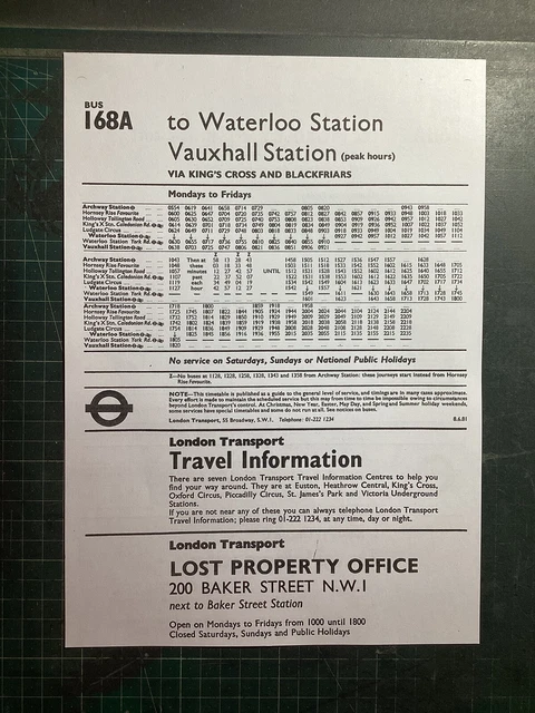LONDON TRANSPORT BUS Stop Panel Timetable-Route 168A £0.99 - PicClick UK