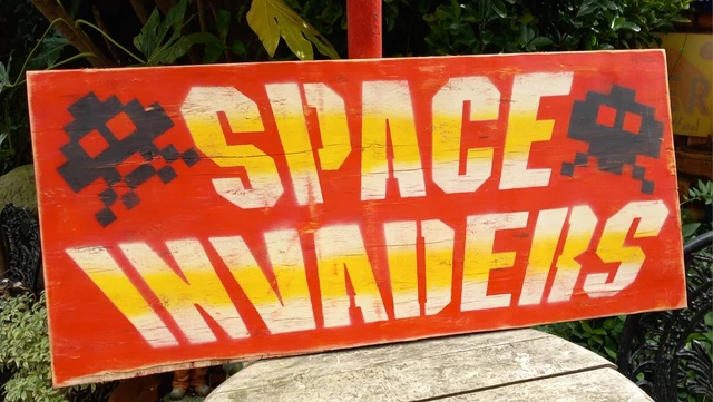 ARCADE AMUSEMENTS FUNFAIR Fairground Painted Sign Space Invaders Retro ...