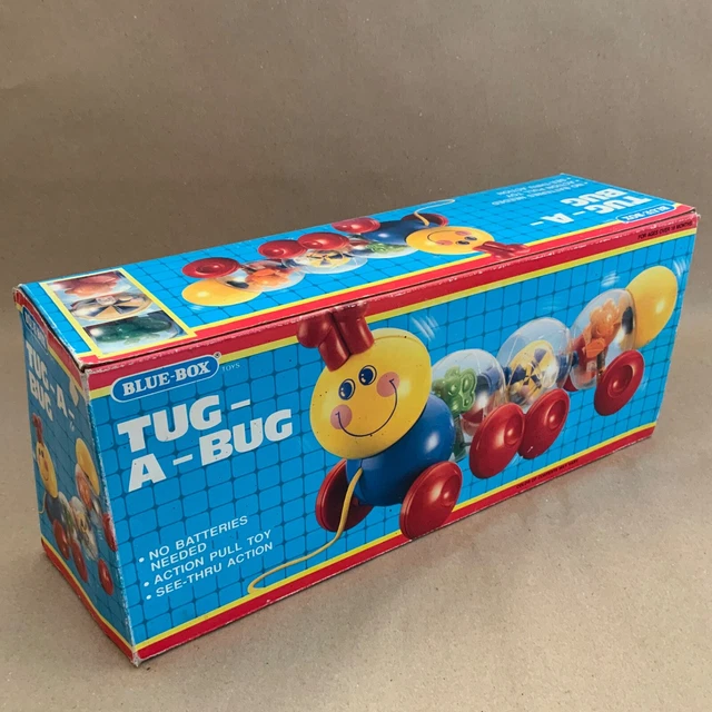 VINTAGE TUG-A-BUG BLUE Box Toys Pull Along Caterpillar UNUSED OLD STOCK ...